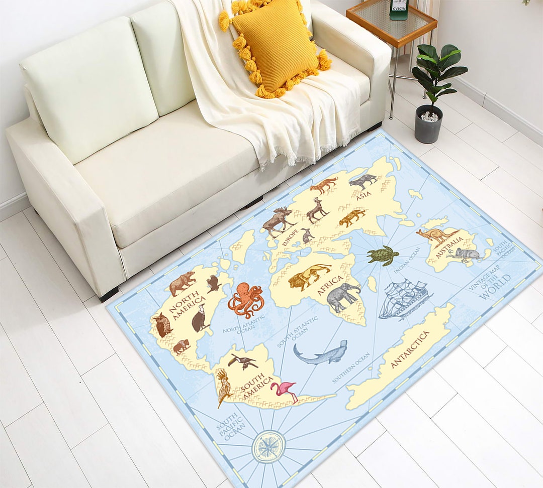 Animals Map, World Map Pattern Rug, Map Rug, Gift for Her, Custom Rug ...