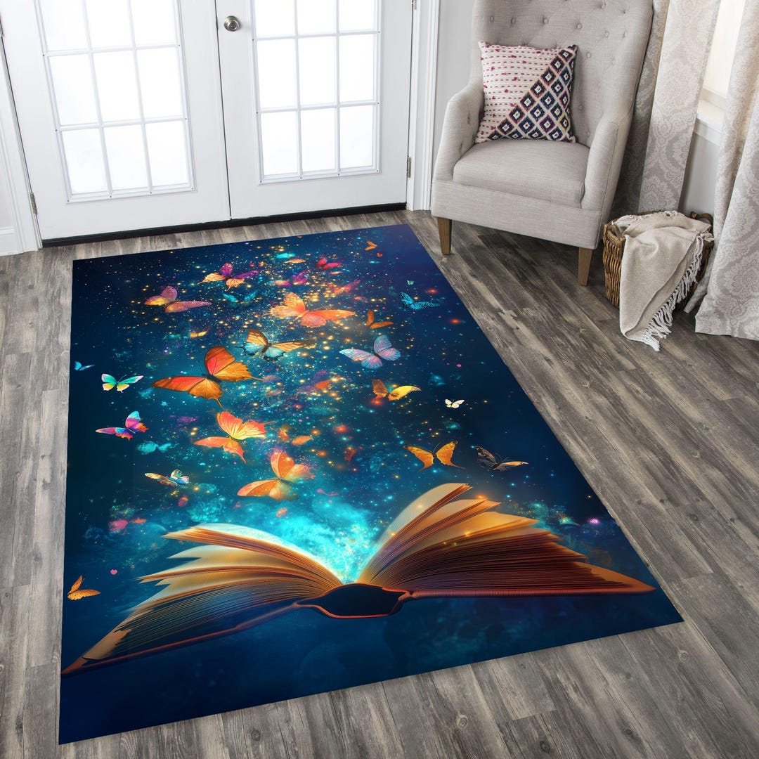 Book Pattern Rug, Unique Rug, Butterfly Rug, Book Lover Rug, Modern Rug ...