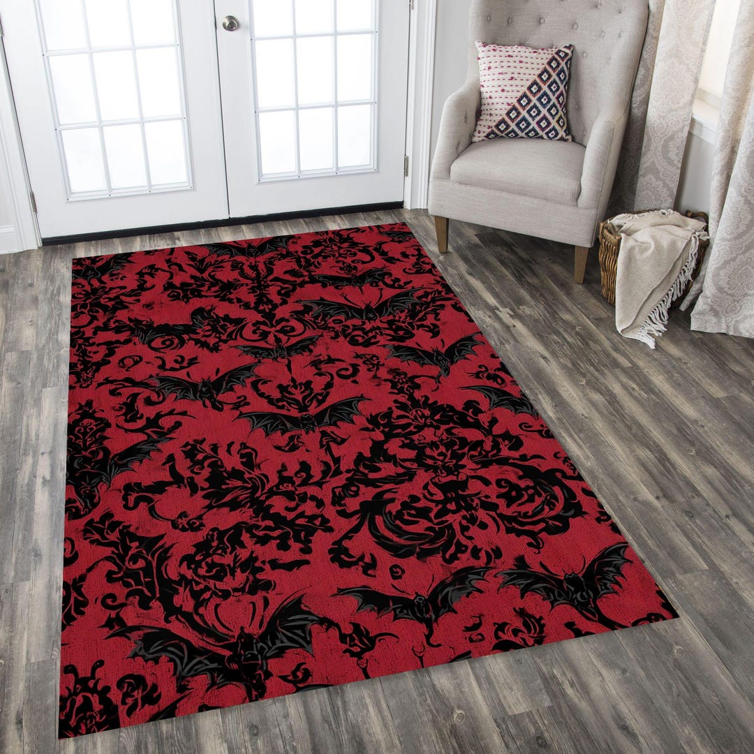 Gothic Bat Rug, Gothic Rug, Bat Rug, Red Black Area Rug, Halloween ...