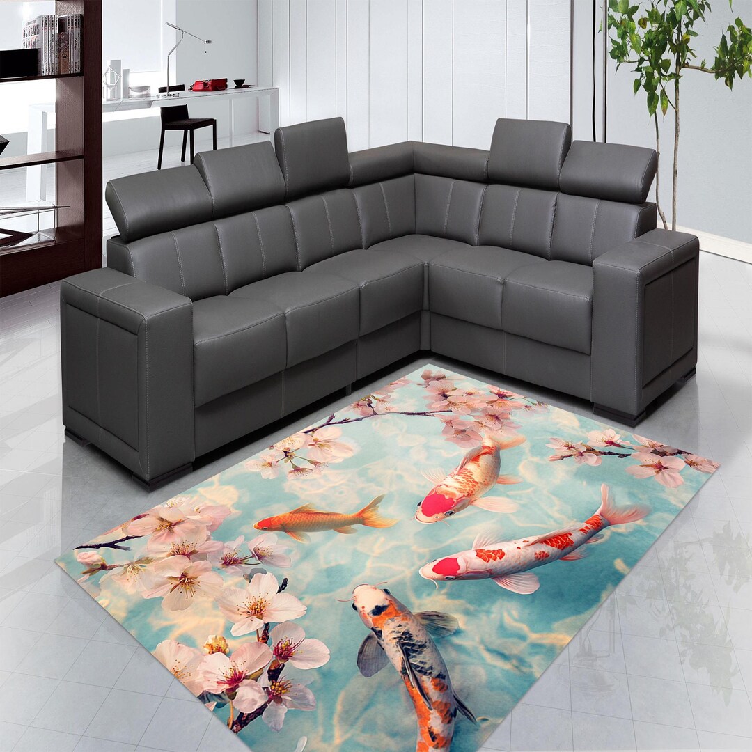 Koi Fish Rug, Cherry Blossom Rug, Japanese Room Decor, Koi Fish Pattern ...