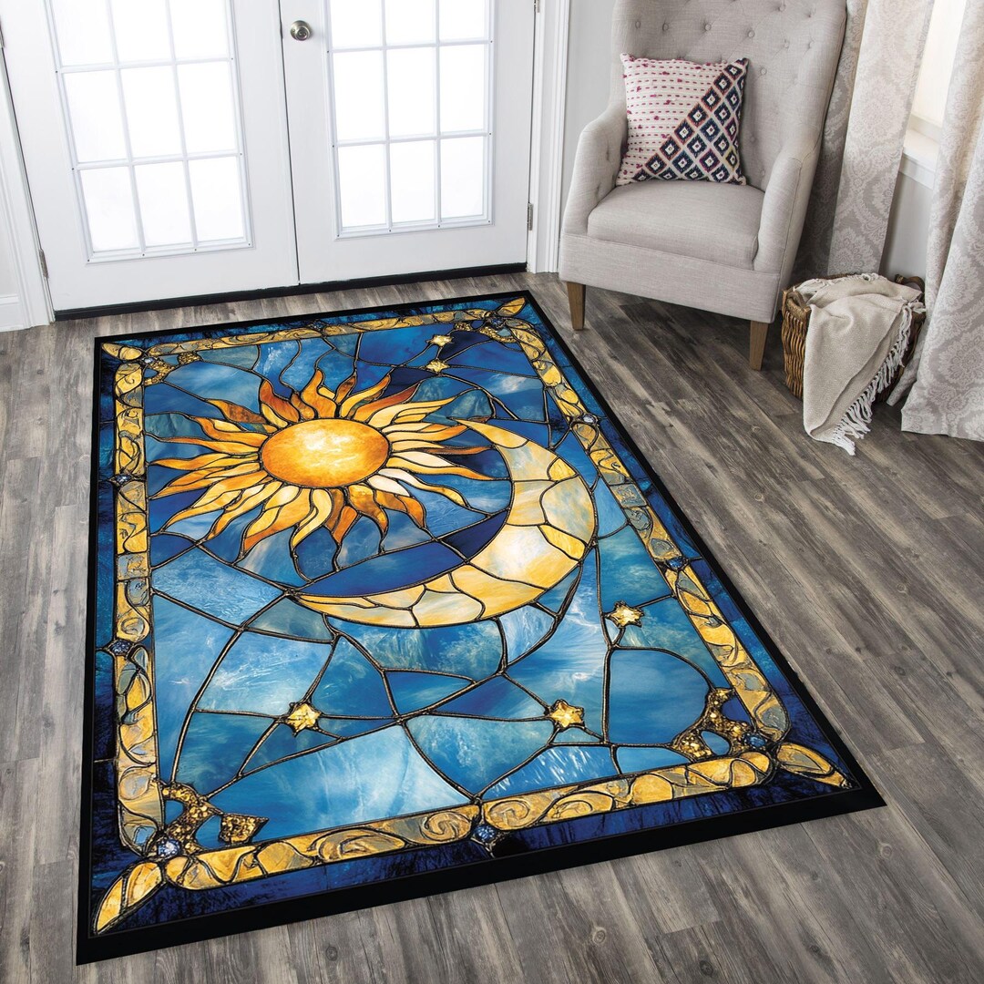 Sun and Moon Rug, Sun and Moon Pattern Rug, Stained Glass Moon and Sun ...