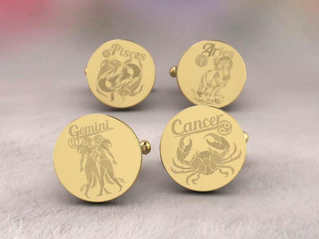 Zodiac Sign Cufflinks Set – 12 Gold-toned Engraved Astrological Symbols ...