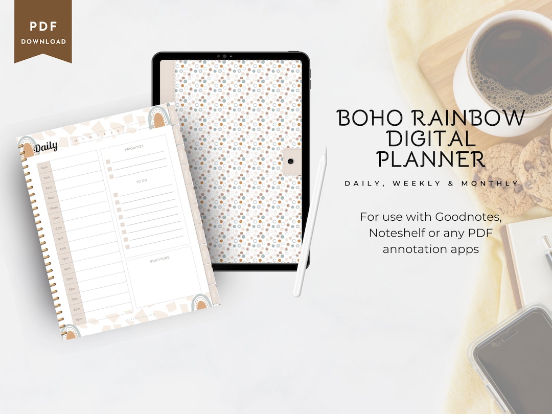 Pink Boho Rainbow Digital Planner | Undated | Hyperlinked | Daily ...