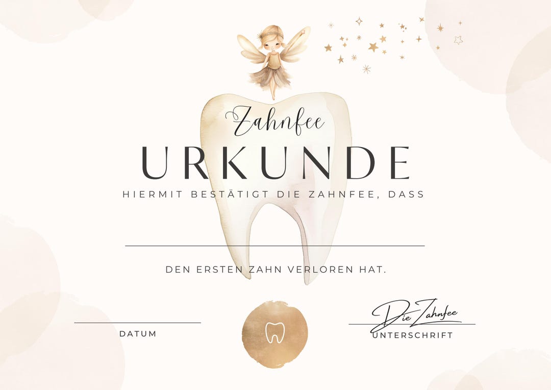 Zahnfee Urkunde Für Kinder, Zum Selber Ausdrucken, Erster Zahn ...