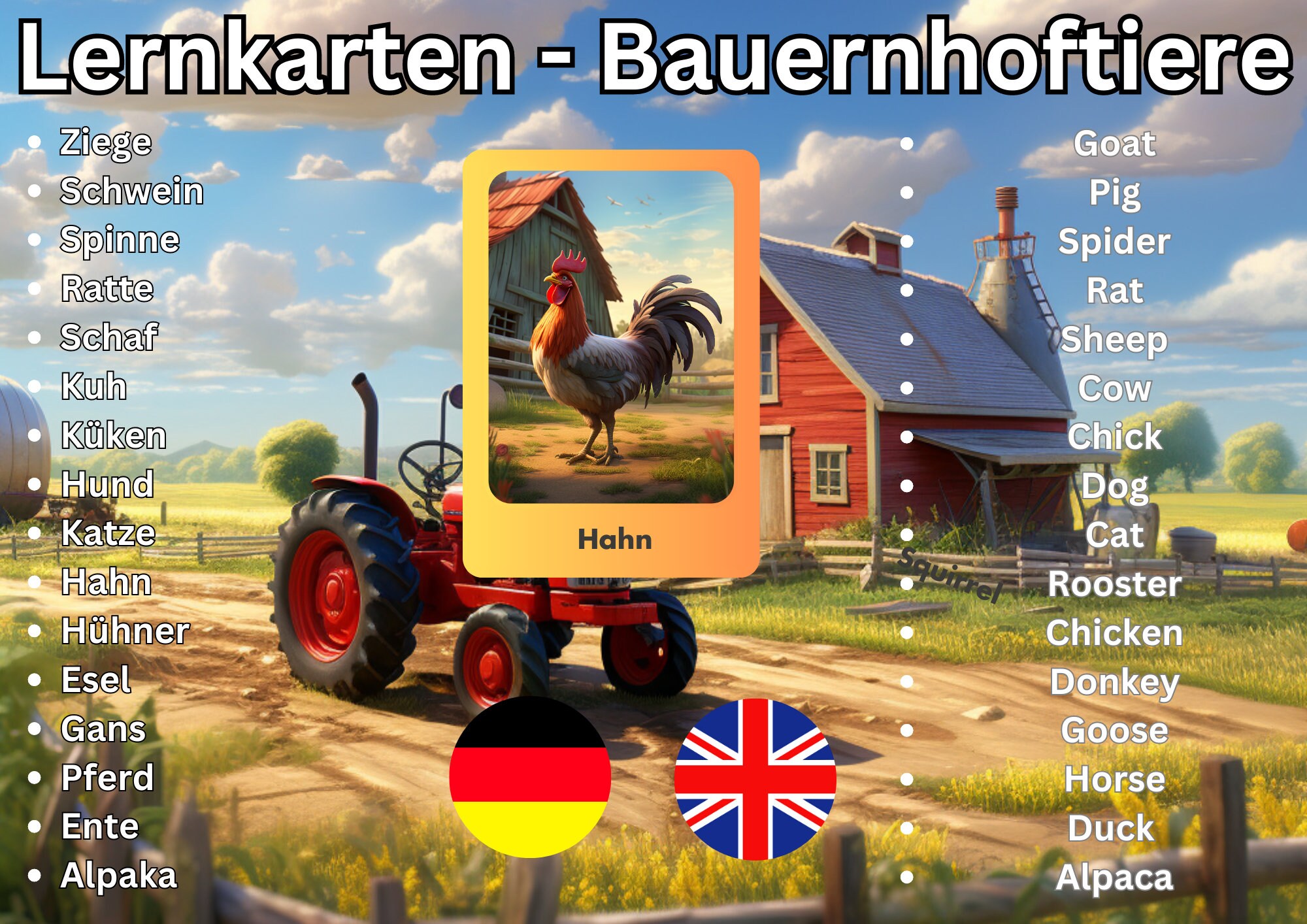16 Flashcards for Children - Farm Animals - Digital Download - German ...