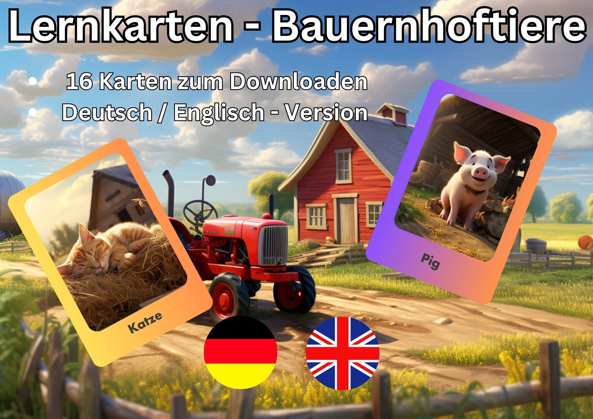 16 Flashcards for Children - Farm Animals - Digital Download - German ...