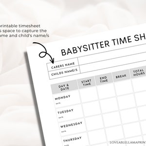 Printable Babysitter Time Sheet Timesheet Tracker for Babysitter Nanny ...