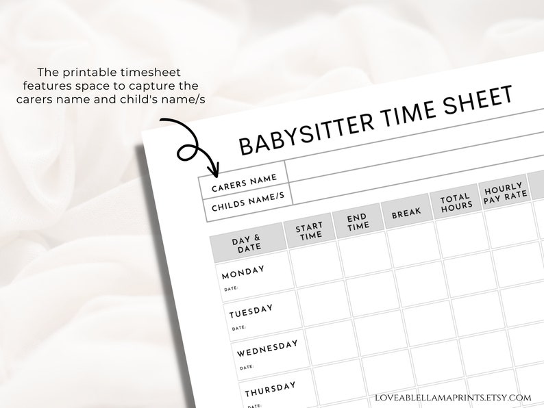 Printable Babysitter Time Sheet Timesheet Tracker for Babysitter Nanny ...