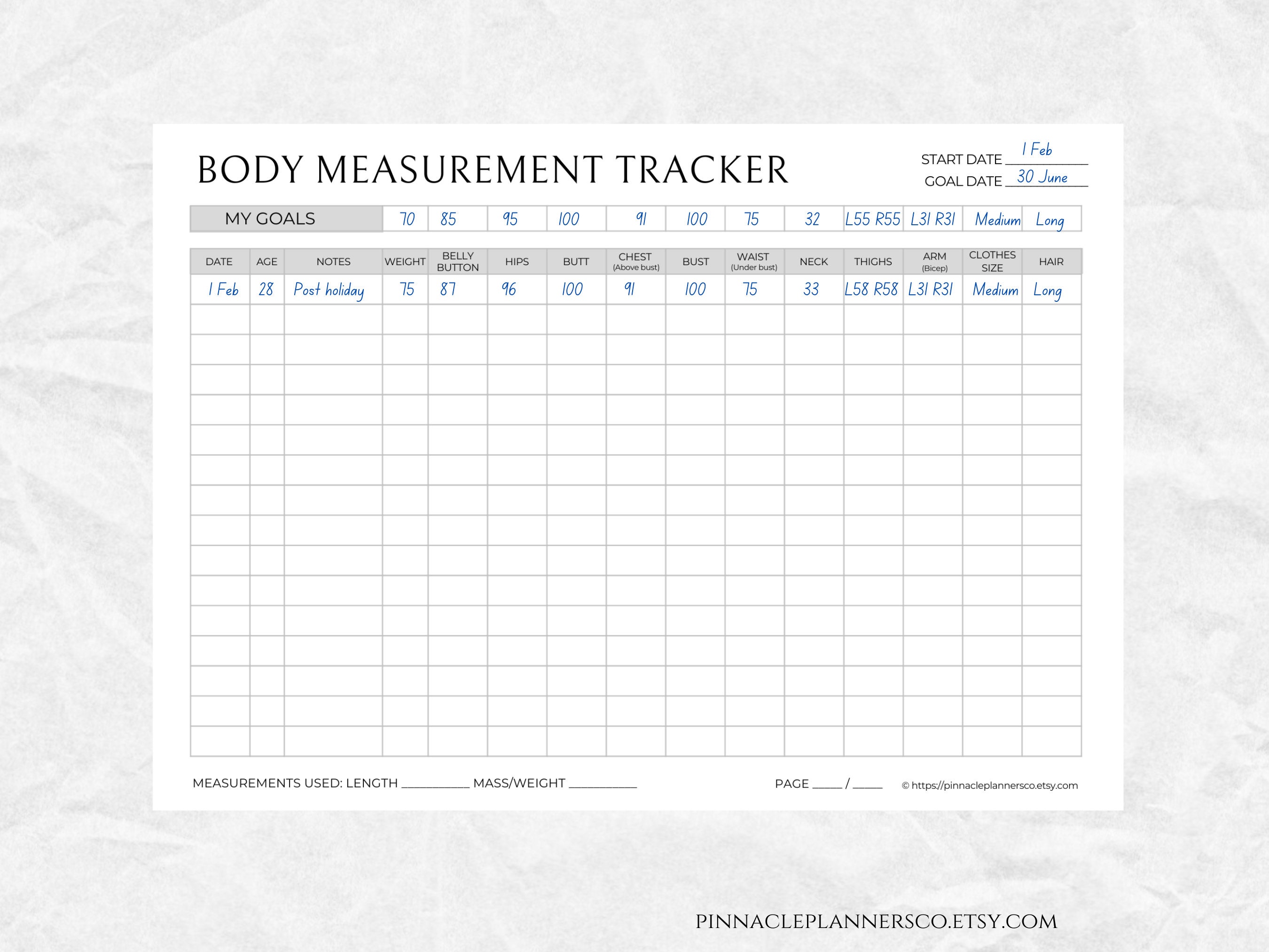 Printable Body Measurements Tracker BUNDLE 40+ Multiple Designs Body ...