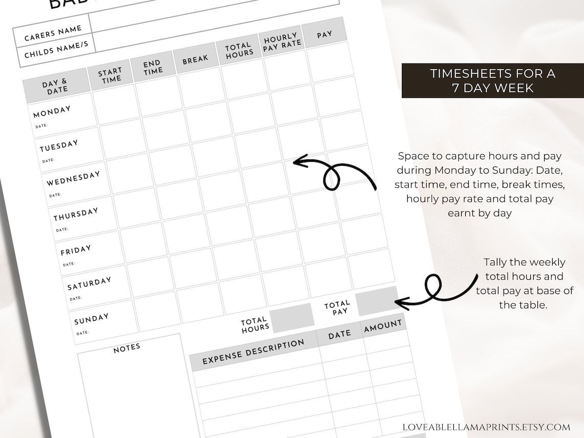 Printable Babysitter Time Sheet Timesheet Tracker for Babysitter Nanny ...