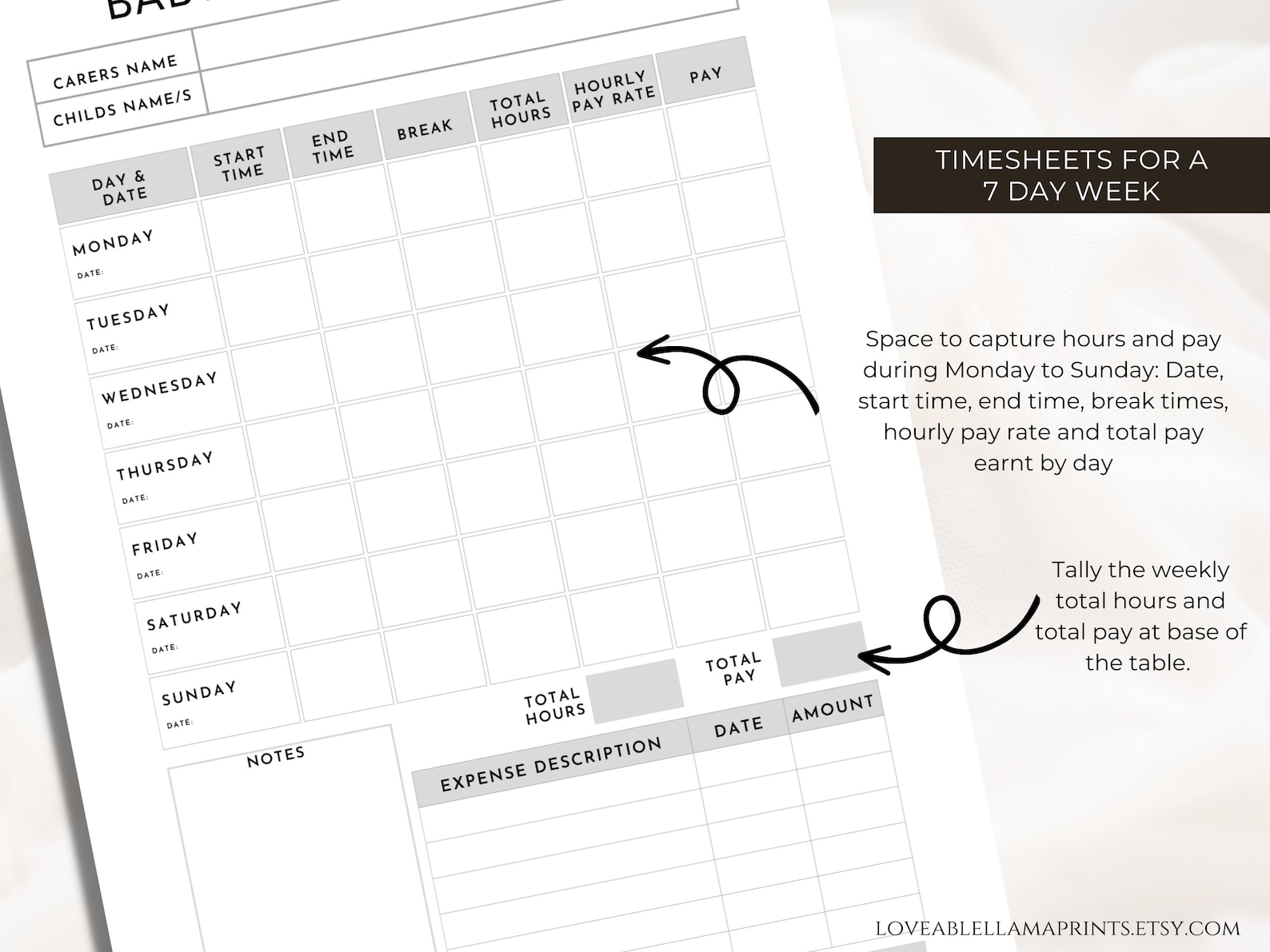 Printable Babysitter Time Sheet Timesheet Tracker for Babysitter Nanny ...