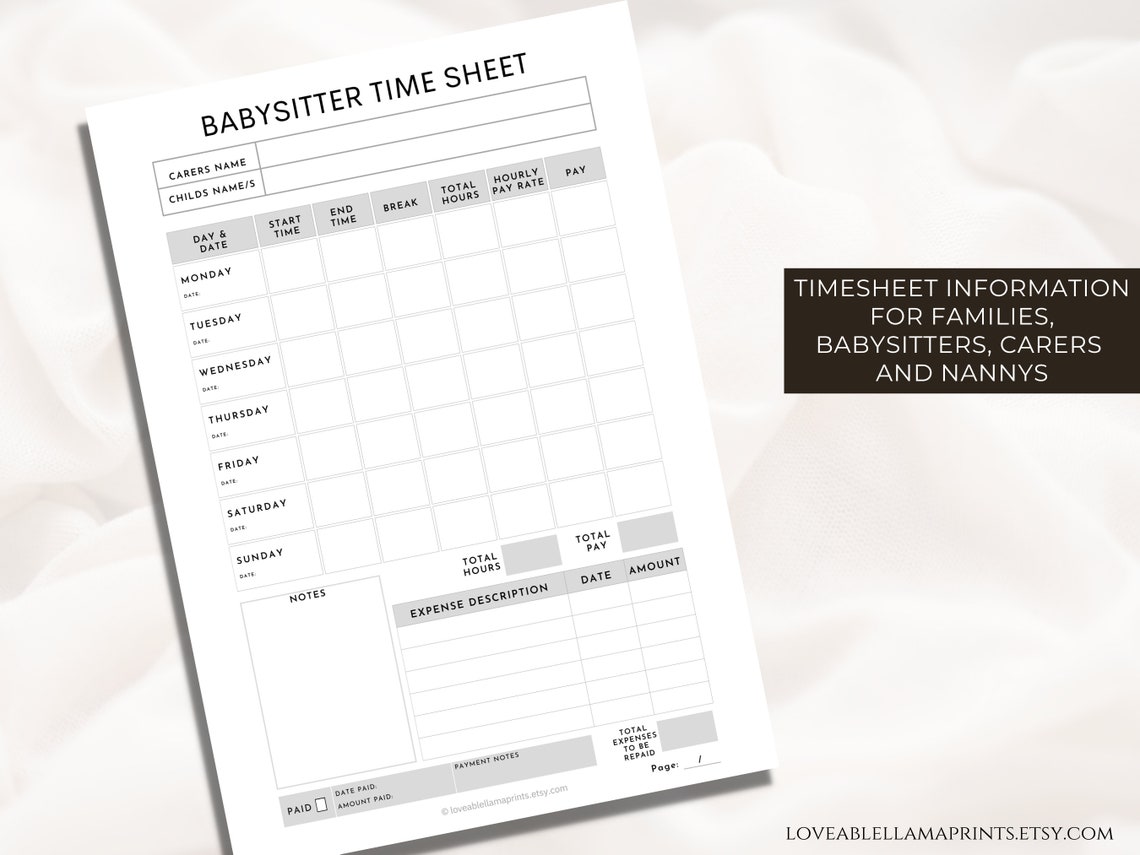 Printable Babysitter Time Sheet Timesheet Tracker for Babysitter Nanny ...