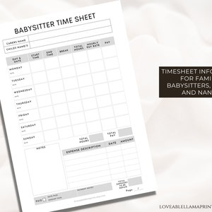 Printable Babysitter Time Sheet Timesheet Tracker for Babysitter Nanny ...