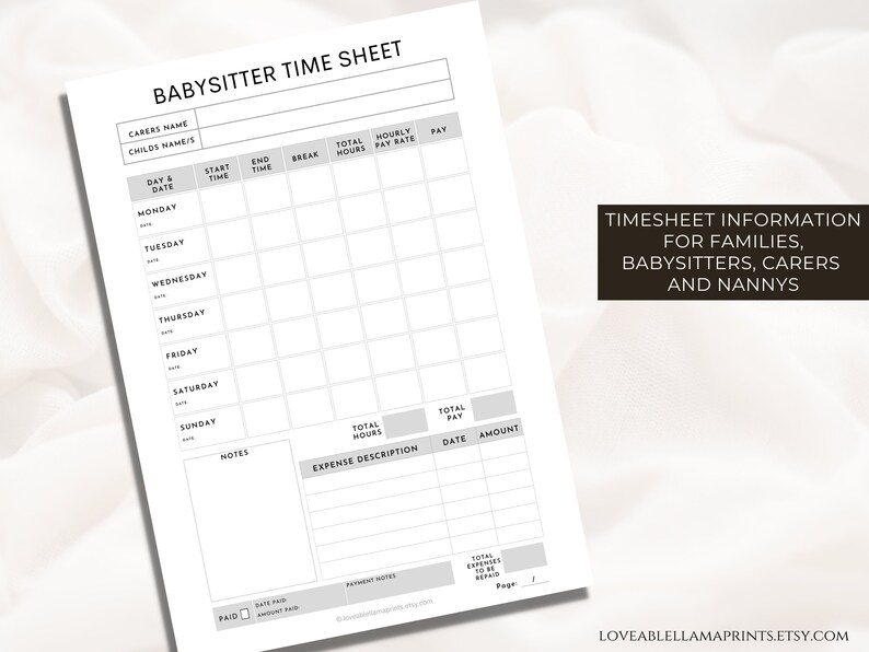 Printable Babysitter Time Sheet Timesheet Tracker for Babysitter Nanny ...