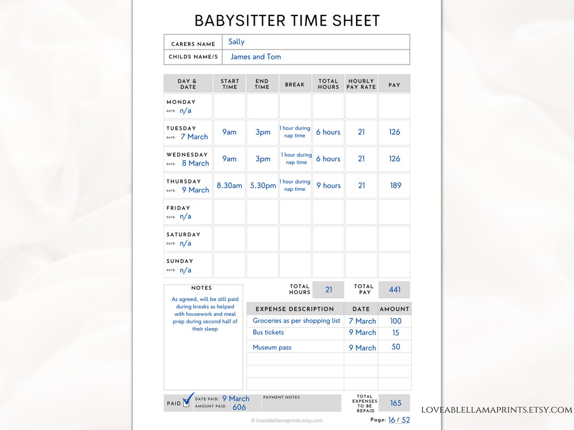 Printable Babysitter Time Sheet Timesheet Tracker for Babysitter Nanny ...
