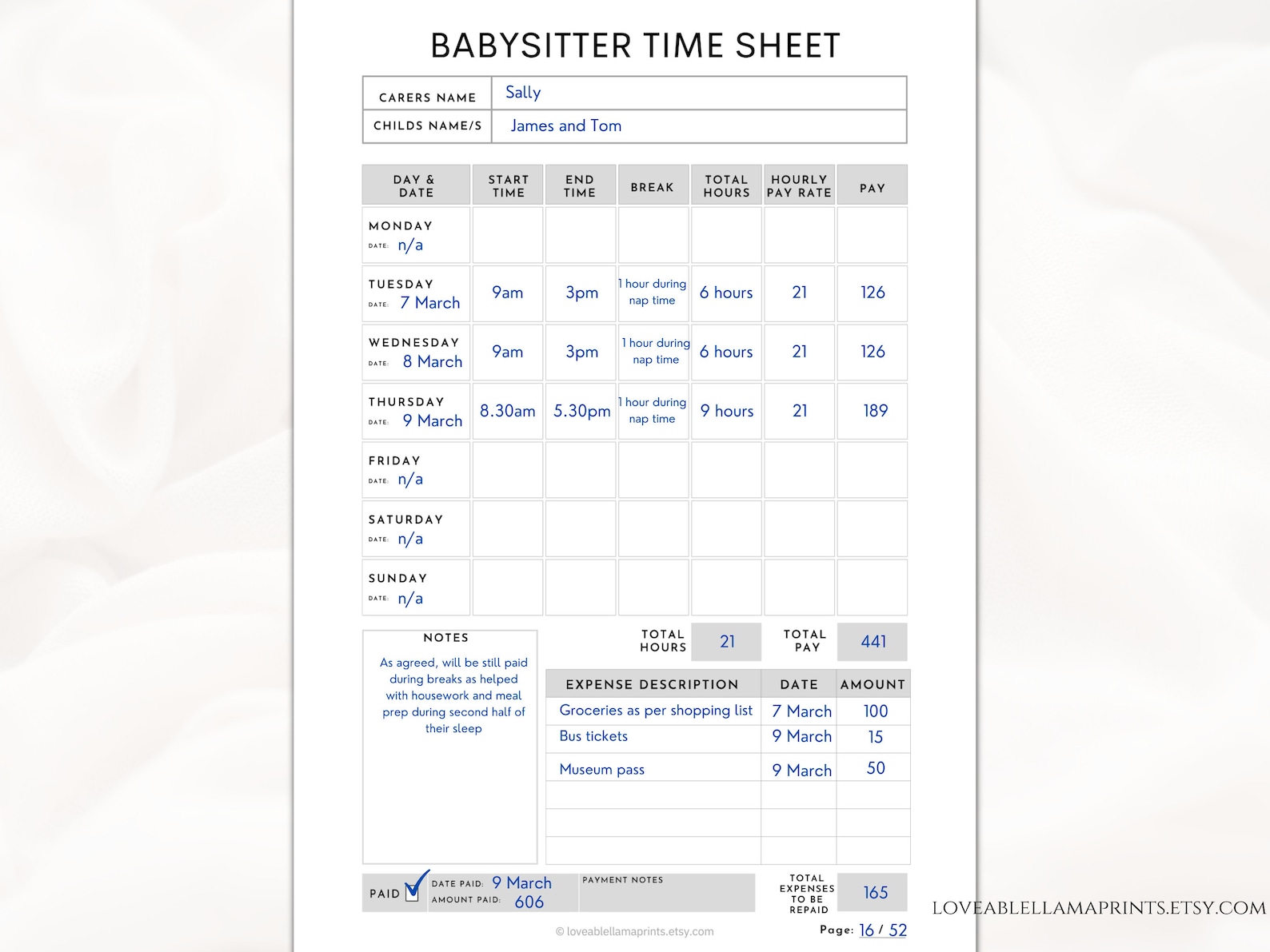 Printable Babysitter Time Sheet Timesheet Tracker for Babysitter Nanny ...