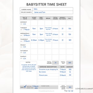 Printable Babysitter Time Sheet Timesheet Tracker for Babysitter Nanny ...