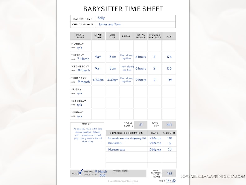 Printable Babysitter Time Sheet Timesheet Tracker for Babysitter Nanny ...