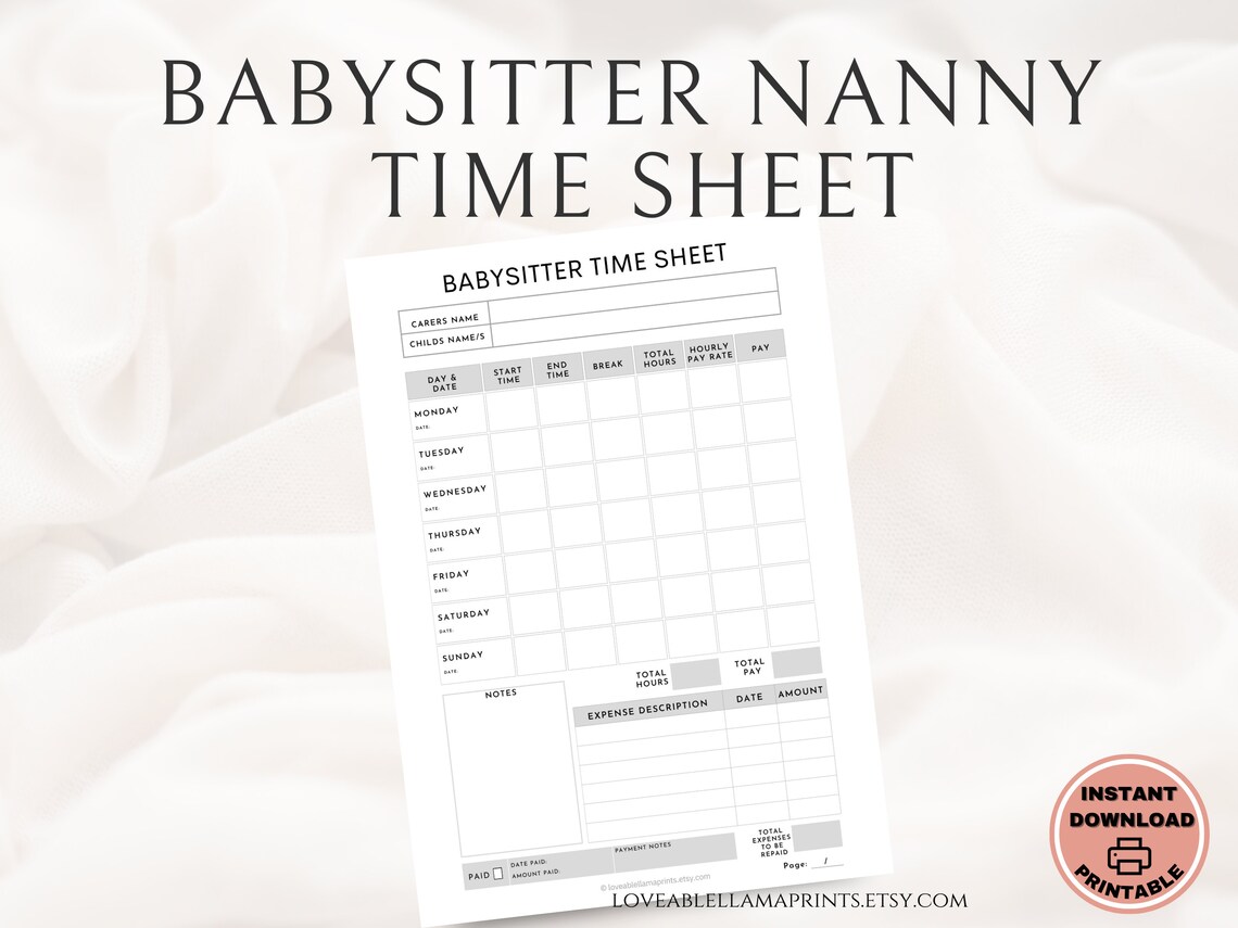 Printable Babysitter Time Sheet Timesheet Tracker for Babysitter Nanny ...