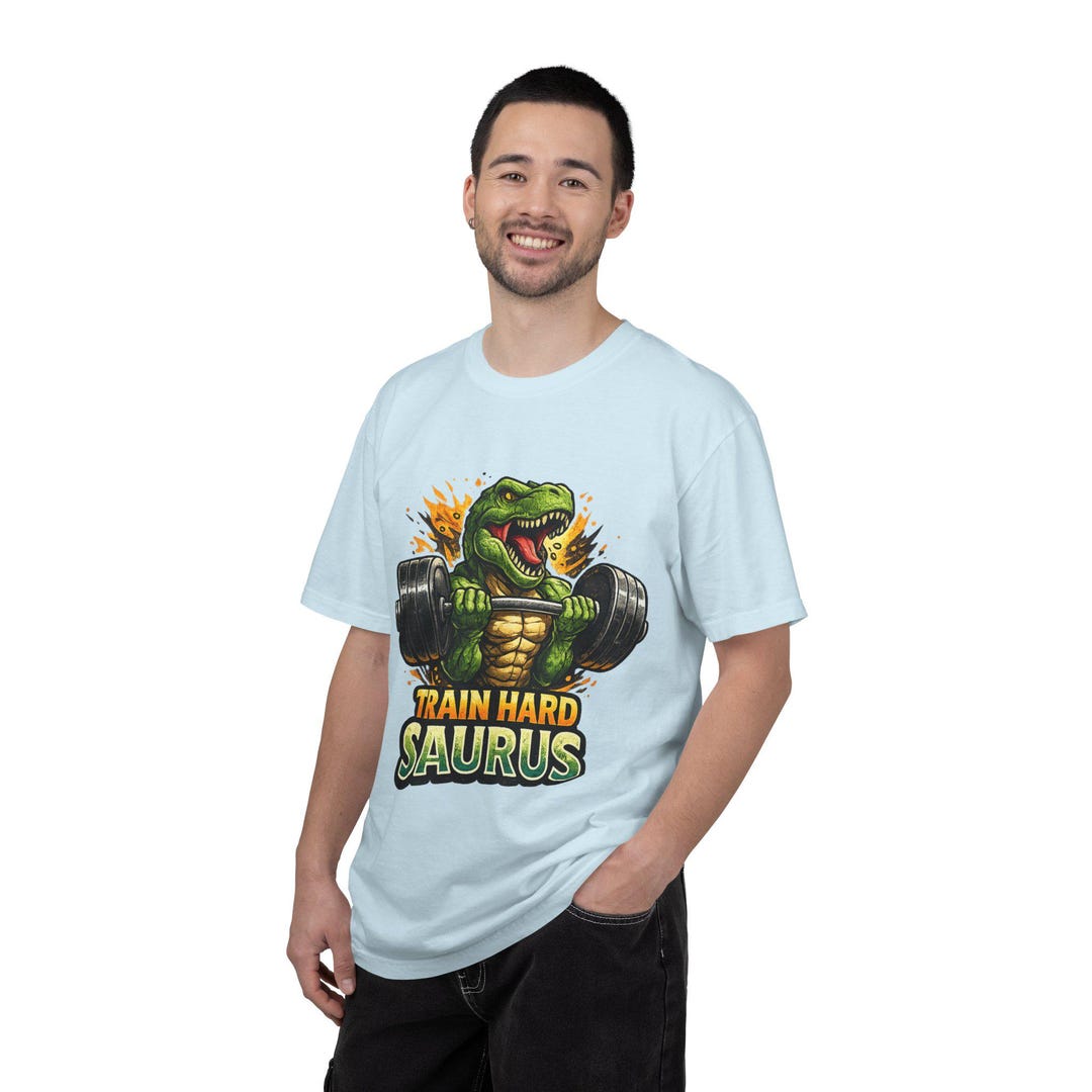 Train Hard Saurus T-shirt | Dinosaur Weightlifting Gym Tee - Etsy