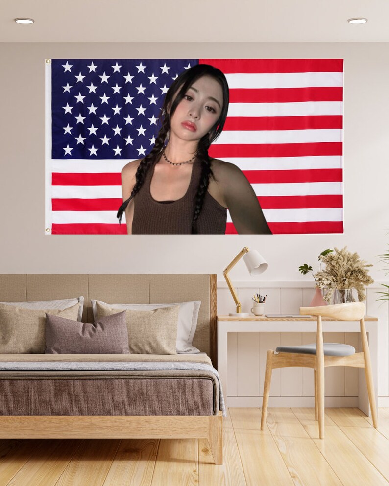 Yùnjín Le Ssèrafim USA Flag Bunnie KPOP American Flag Tiktok Meme Trendy Room Tapestry Fanmade ...