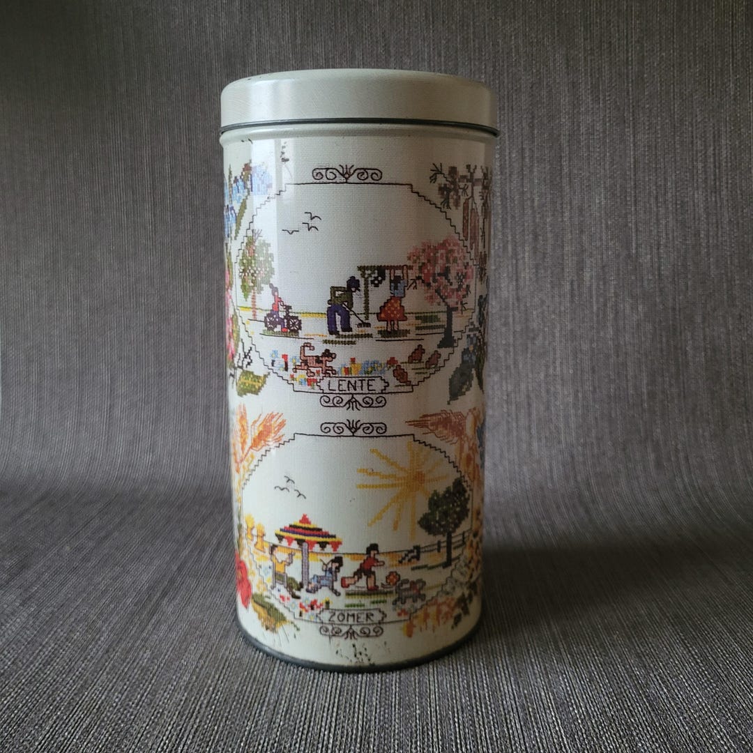 ARKS Biscuit Tin With 4 Seasons Embroidery Decoration | Vintage 1970s ...