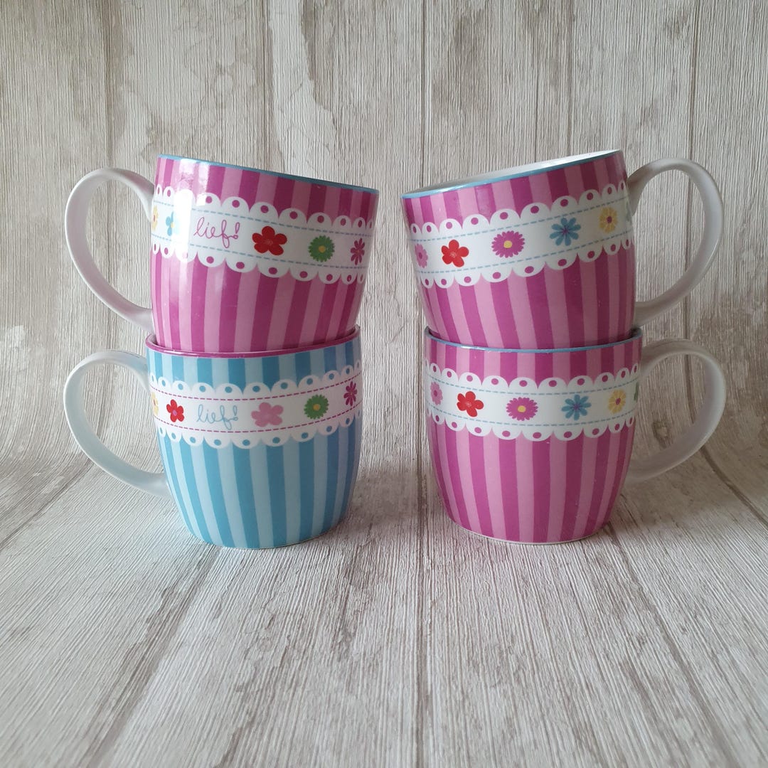 SWEET Vintage Pink or Blue Striped Mugs With Floral Pattern Romantic ...