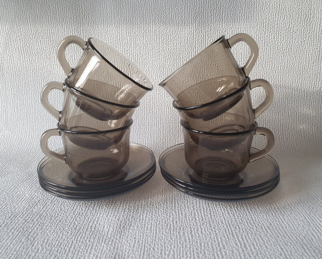 Arcoroc France Vintage Set of 2 Gray Brown Smoked Glass Coffee or Tea ...
