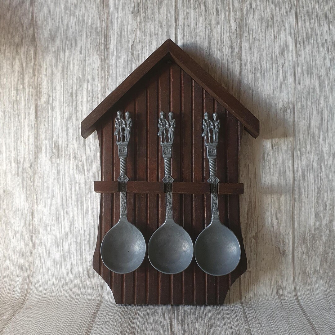 Vintage Dutch Tin Foundry Wooden House Spoon Rack With 3 Pewter Spoons ...