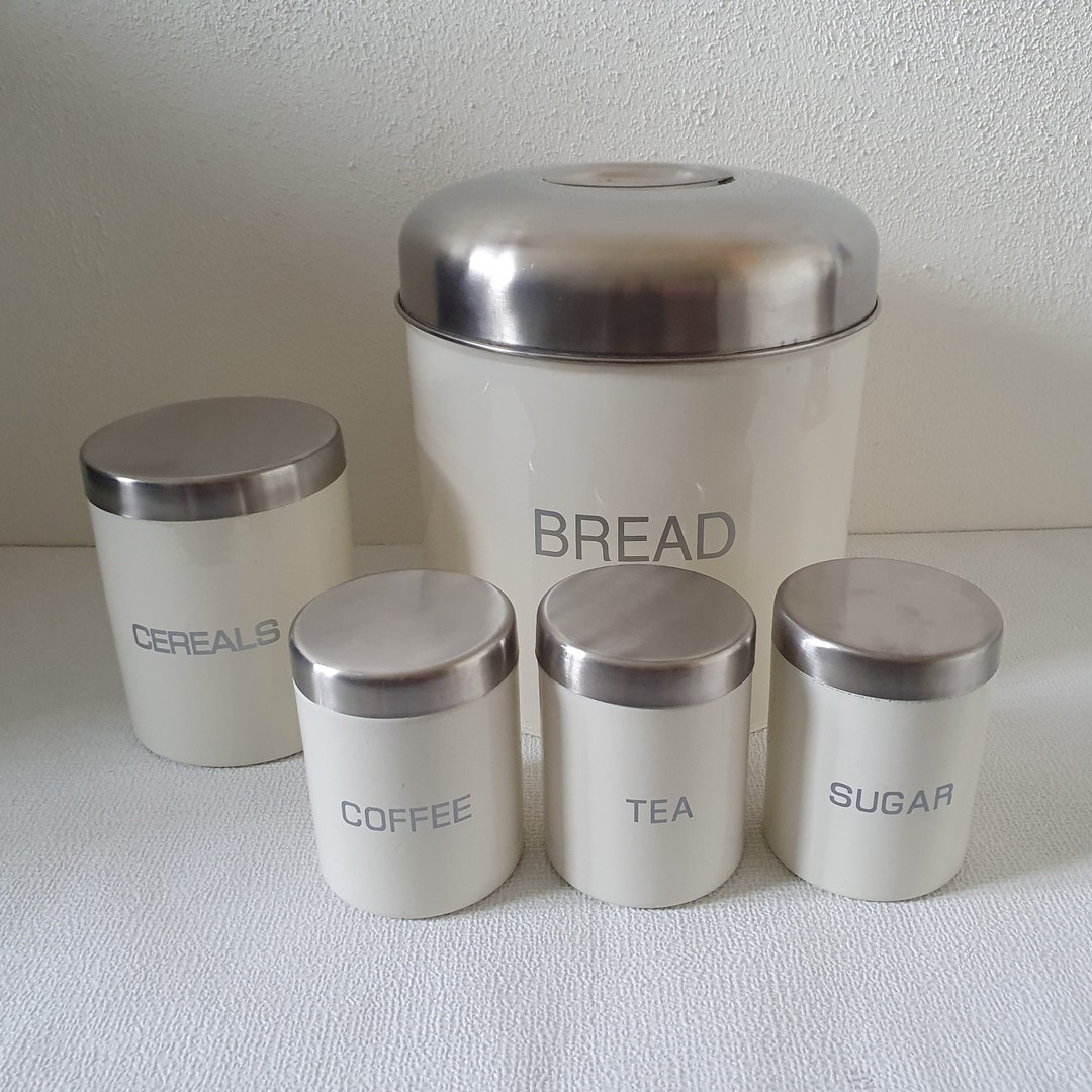 Vintage Set of 5 Nostalgic Metal Storage Tins in Cream White With ...