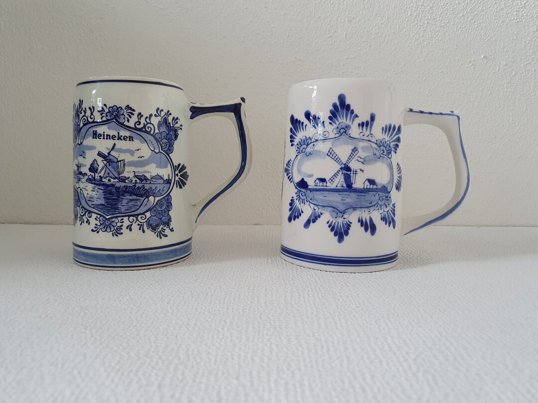 Delft Blue Handpainted Beer Mugs, 1x Heineken and 1x Traditional, With ...