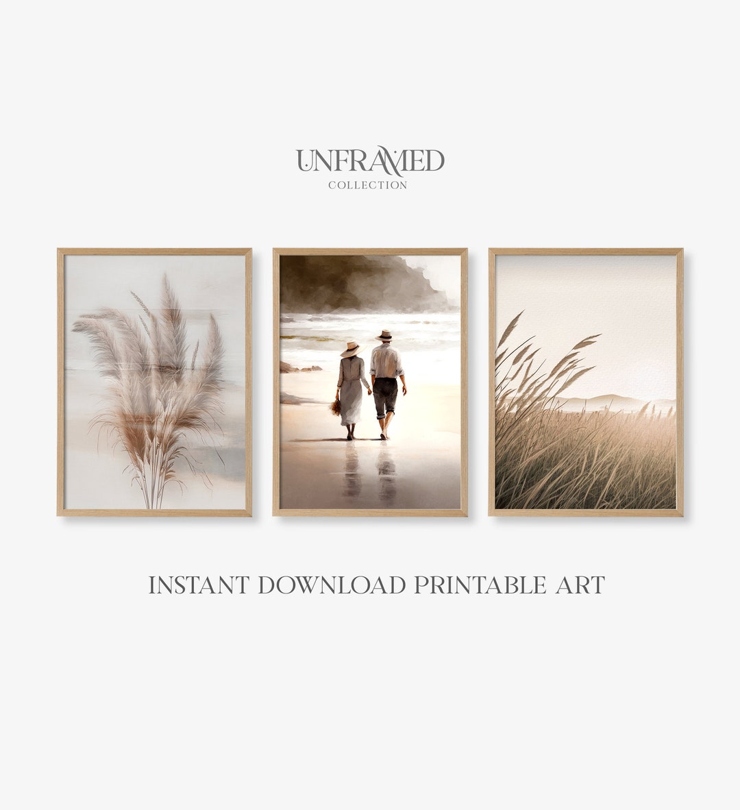 Set of 3 Romantic Coastal Printable Wall Art Valentines Gift Love Couple, Beach, Drytaupe Grass ...