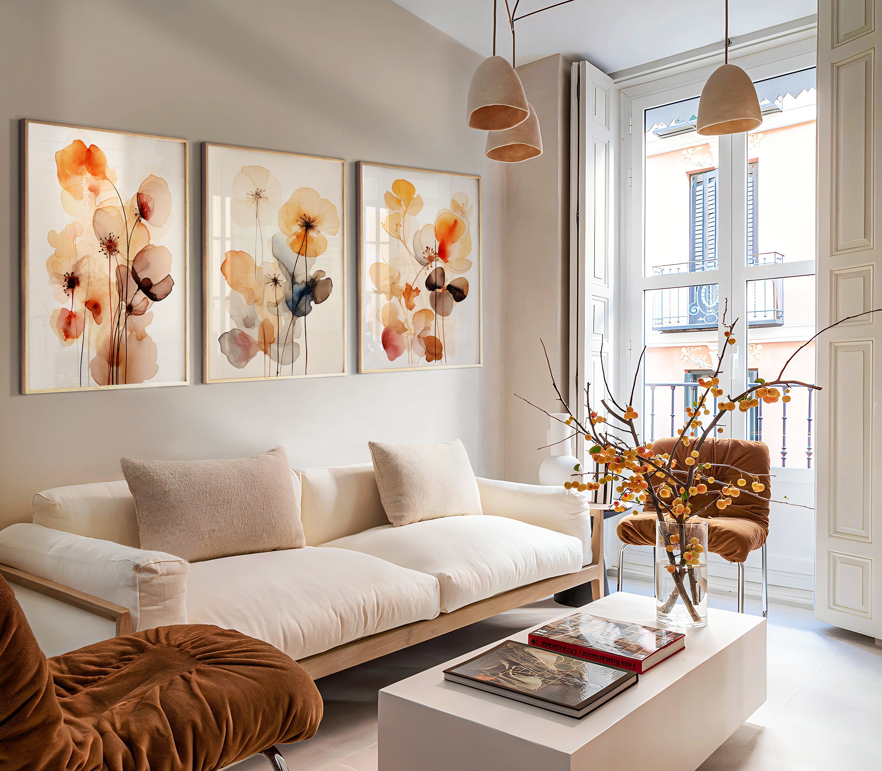 Set of 3 Minimalistic Wildflowers Watercolor Posters Earth-beige Tones ...