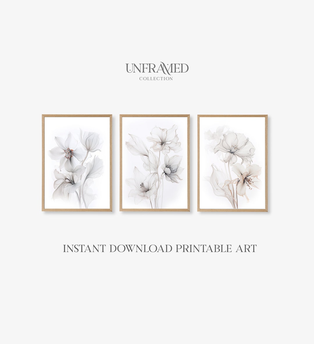 Floral Line Art Drawings White on White Flower Set of Matching Prints ...