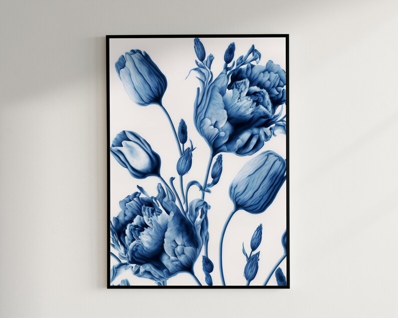 Set of 3 Delft Blue Wall Art Prints Floral Poster Blue and White Tulips ...