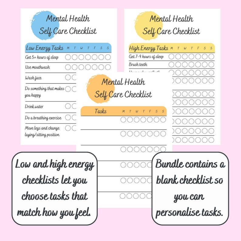 Mental Health Self Care Checklist Bundle, Self Care Planner, Self Care ...