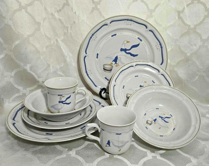 Vintage Country Goose Blue Ribbon Newcor Stoneware 8 Piece Dinnerware ...