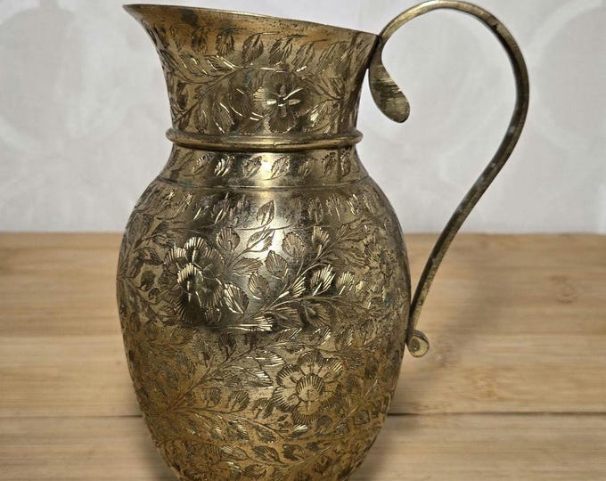 Vintage Etched Brass Pitcher. India Brass Engraved Pitcher. - Etsy