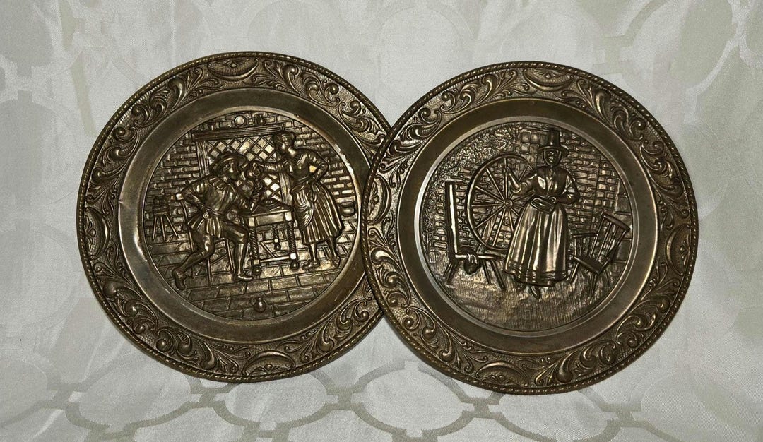 Vintage English Brass Embossed Wall Plaques. Brass Round Embossed Pub ...