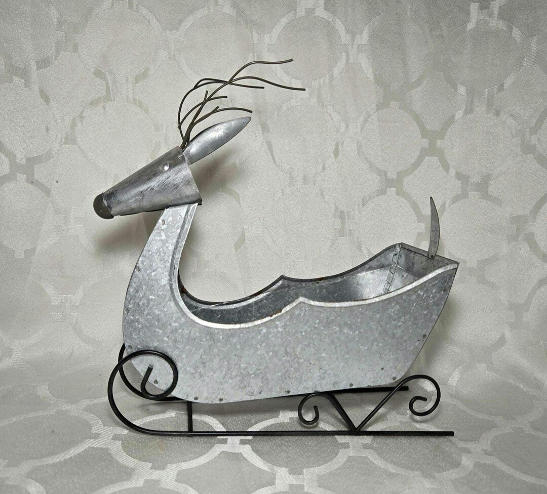 Vintage Galvanized Christmas Santa Reindeer Sleigh Decorative Container ...