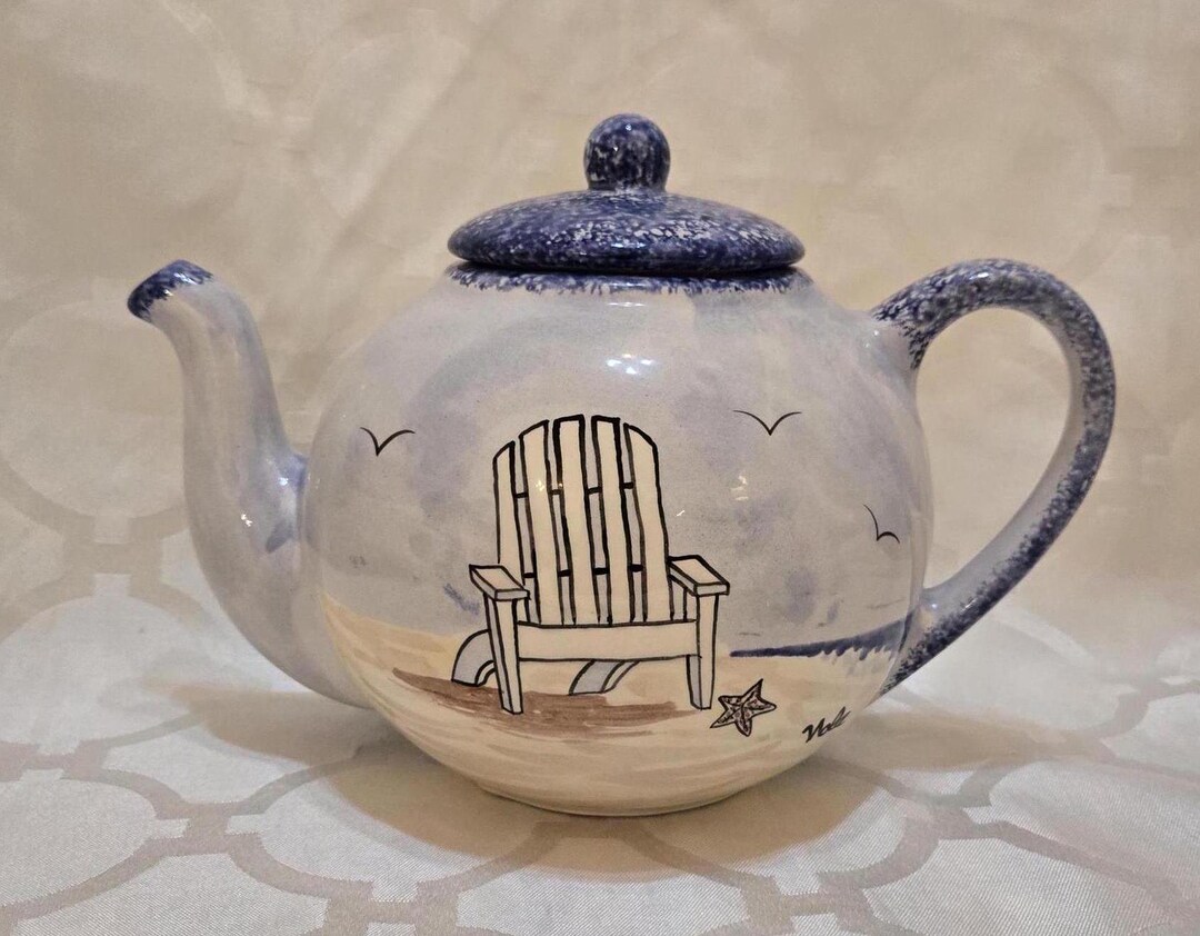 Vintage Beach Scene Teapot. Nola Watkins Handpainted Teapot. Nantucket ...