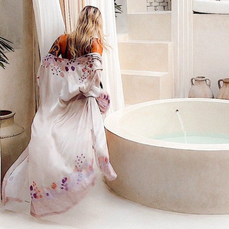 Pink Kimono Dressing Gown, Long Kimono Robe, Floral Kimono Robe, Silk ...