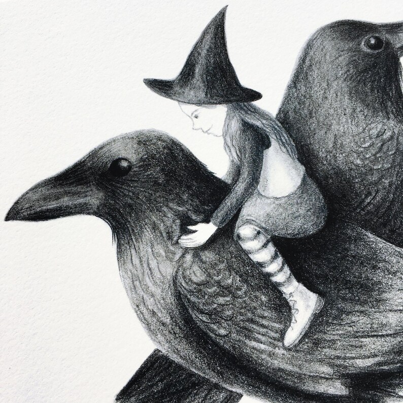 Art Print 6"x6" Little Witch and Ravens, Whimsical Witch Wall Art ...
