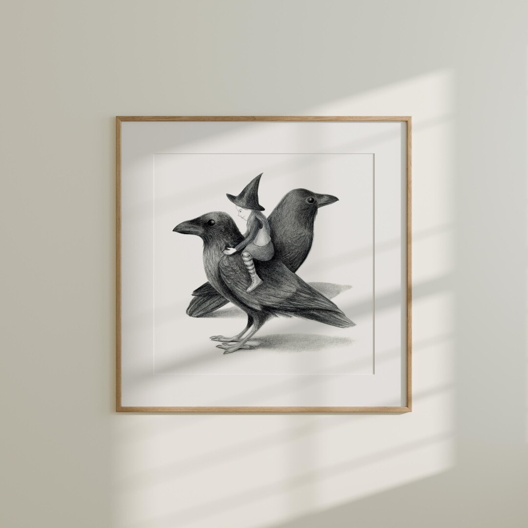 Witch and Ravens Art Print, Whimsigoth Home Decor, Witchy Wall Art (8x8 ...