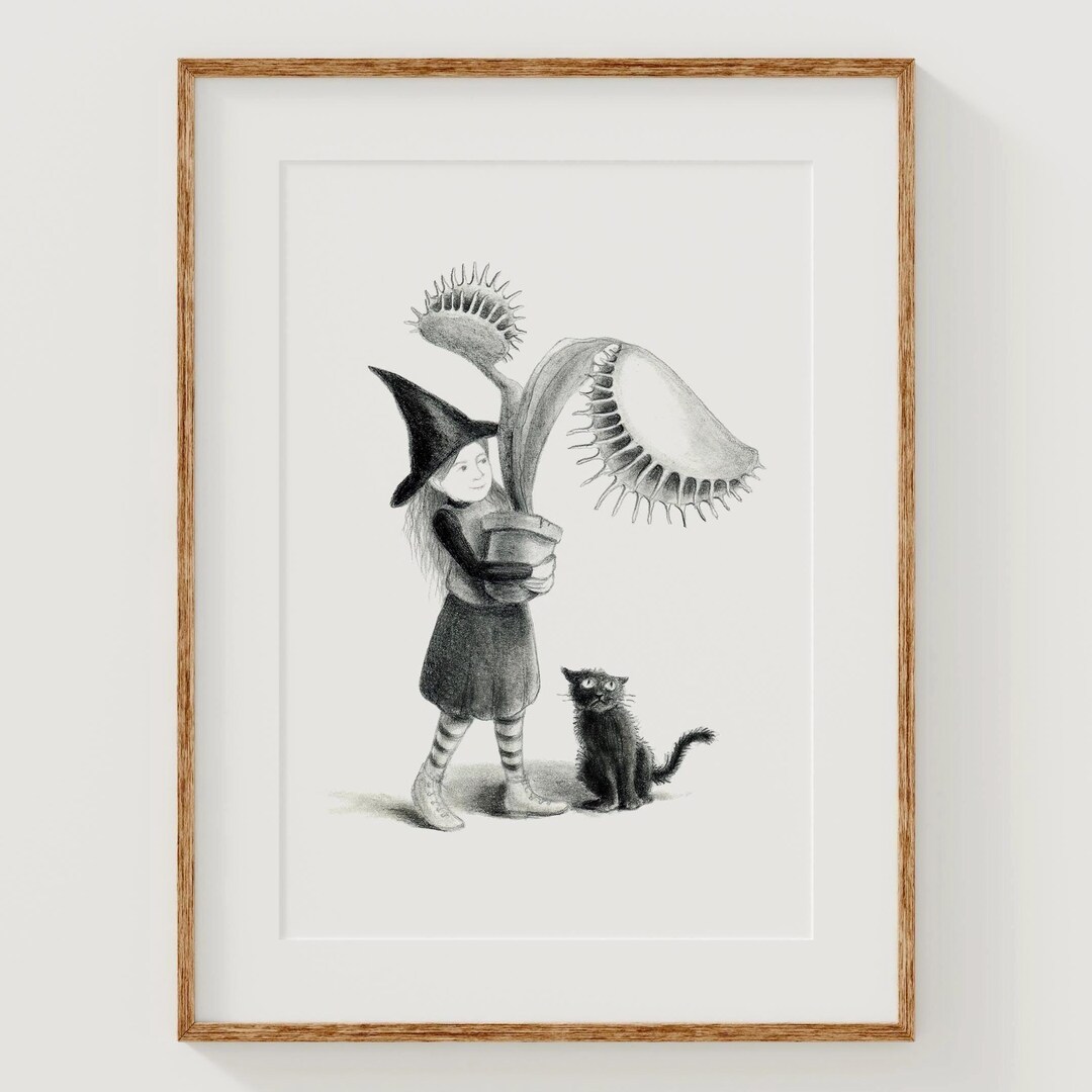 Witch and Cat Art Print, Botanical Venus Flytrap, Whimsigoth Wall Decor ...