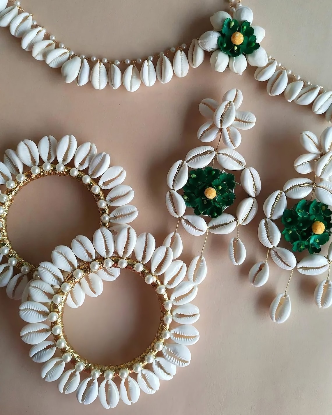 Boho Cowrie Shell Jewelry Set With Floral Details, Sea Shell ...