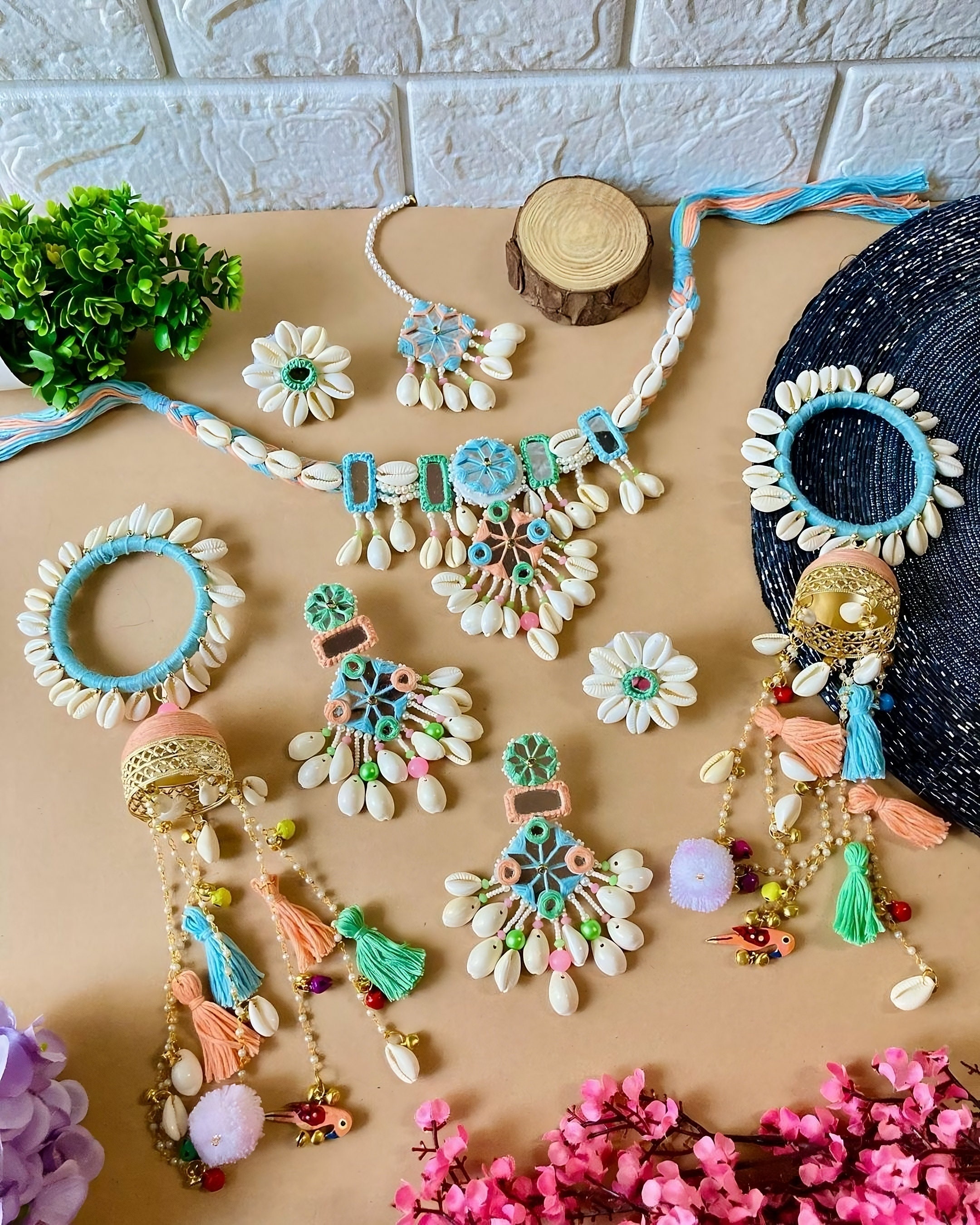 Mirror Work & Cowrie Shell Jewelry Set - Choker Necklaces, Earrings ...