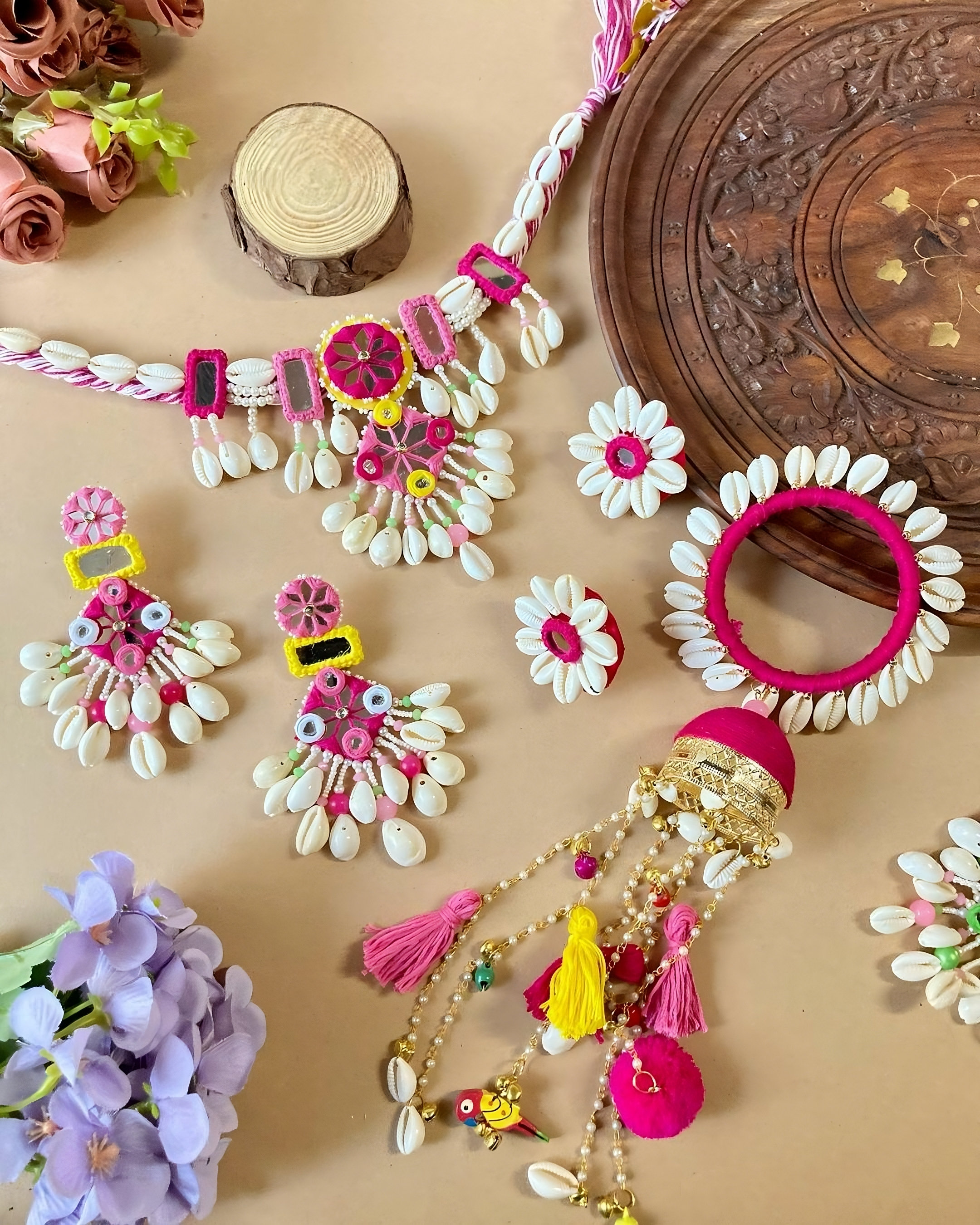 Mirror Work & Cowrie Shell Jewelry Set - Choker Necklaces, Earrings ...