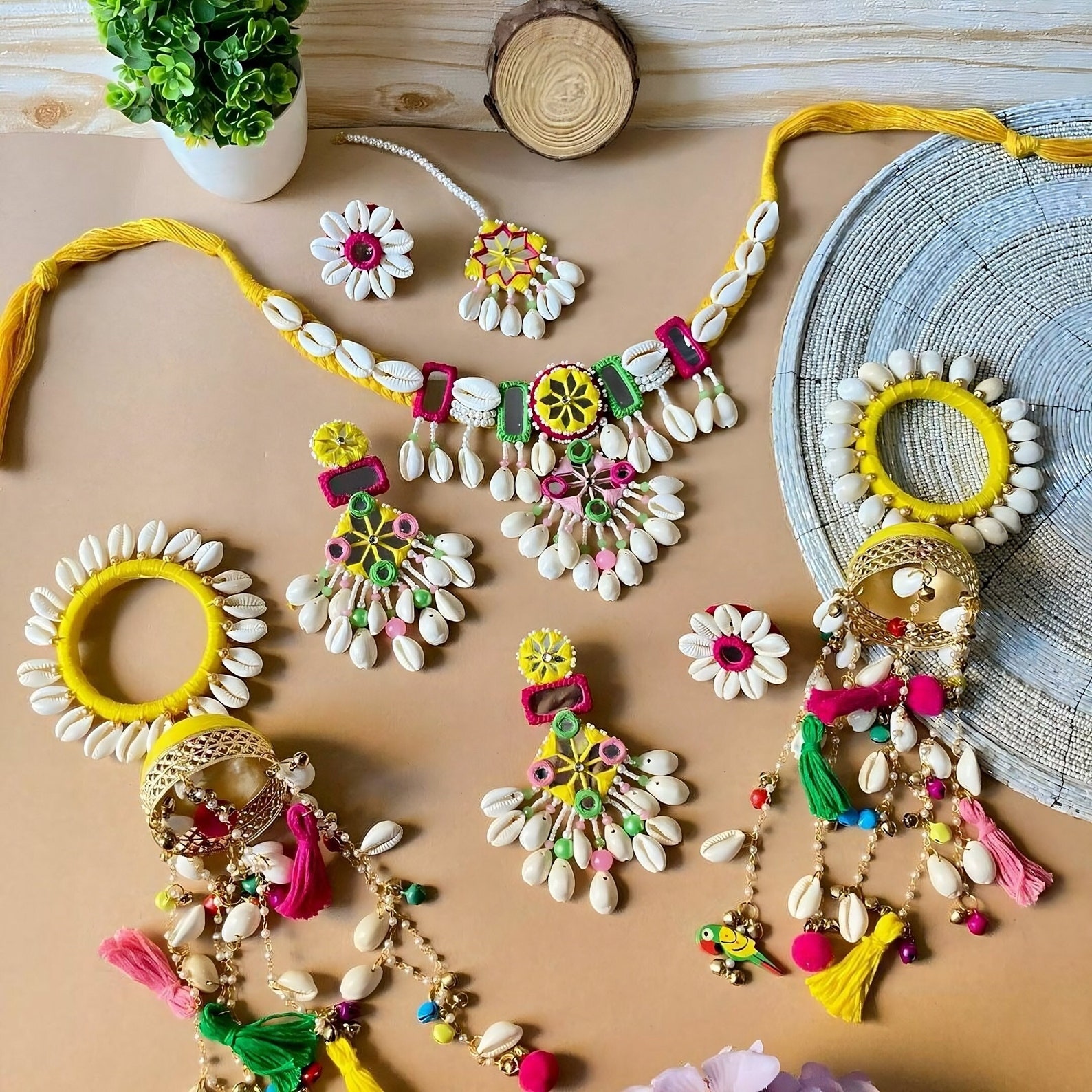 Mirror Work & Cowrie Shell Jewelry Set - Choker Necklaces, Earrings ...