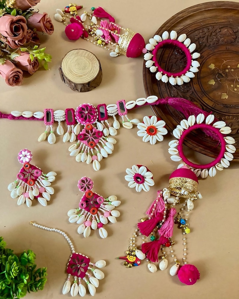 Mirror Work & Cowrie Shell Jewelry Set - Choker Necklaces, Earrings ...